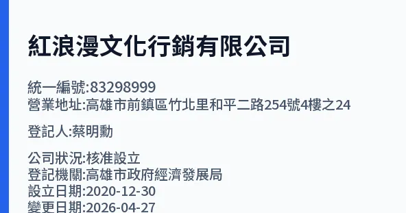 紅浪漫文化行銷有限公司的照片-統編 83298999(高雄市) 公司登記資料與營業項目詳細圖表