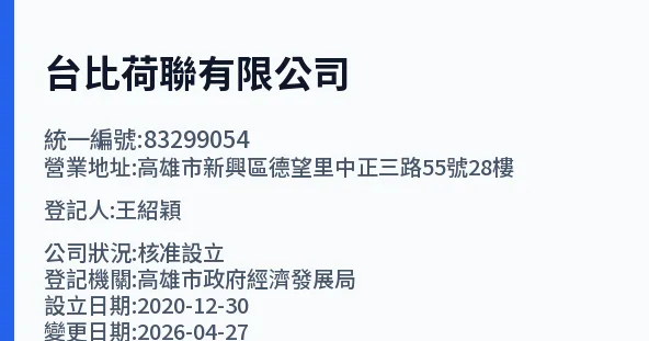 台比荷聯有限公司的照片-統編 83299054(高雄市) 公司登記資料與營業項目詳細圖表