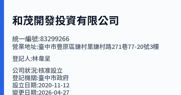 和茂開發投資有限公司的照片-統編 83299266(臺中市) 公司登記資料與營業項目詳細圖表
