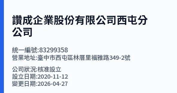 讚成企業股份有限公司西屯分公司的照片-統編 83299358(臺中市) 公司登記資料與營業項目詳細圖表