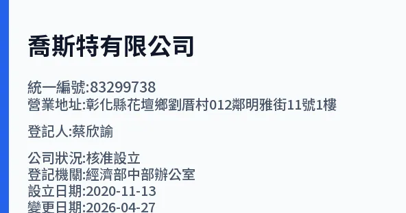 喬斯特有限公司的照片-統編 83299738(彰化縣) 公司登記資料與營業項目詳細圖表