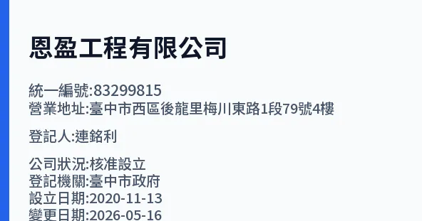 恩盈工程有限公司的照片-統編 83299815(臺中市) 公司登記資料與營業項目詳細圖表