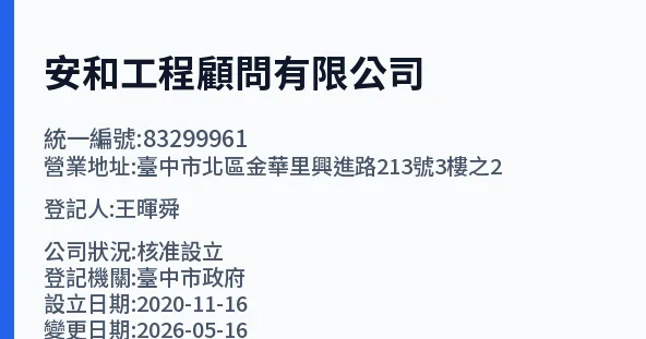 安和工程顧問有限公司的照片-統編 83299961(臺中市) 公司登記資料與營業項目詳細圖表