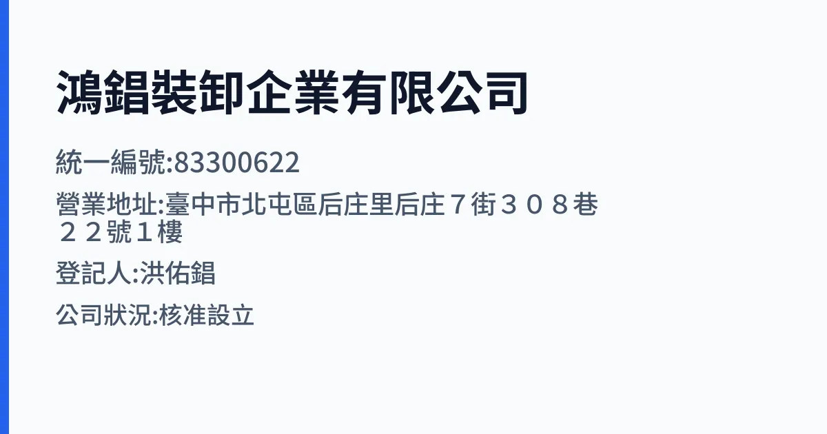 鴻錩裝卸企業有限公司 - 統編 83300622(臺中市) 公司登記資料與營業項目詳細圖表
