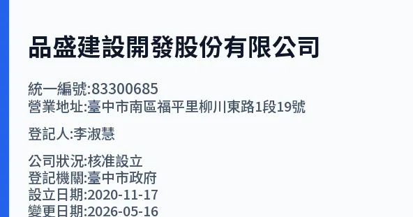品盛建設開發股份有限公司的照片-統編 83300685(臺中市) 公司登記資料與營業項目詳細圖表