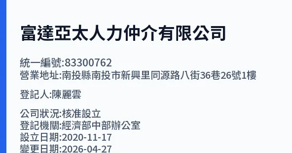 富達亞太人力仲介有限公司的照片-統編 83300762(南投縣) 公司登記資料與營業項目詳細圖表