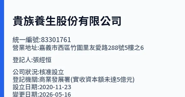 貴族養生股份有限公司的照片-統編 83301761(嘉義市) 公司登記資料與營業項目詳細圖表