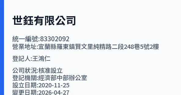 世鈺有限公司的照片-統編 83302092(宜蘭縣) 公司登記資料與營業項目詳細圖表