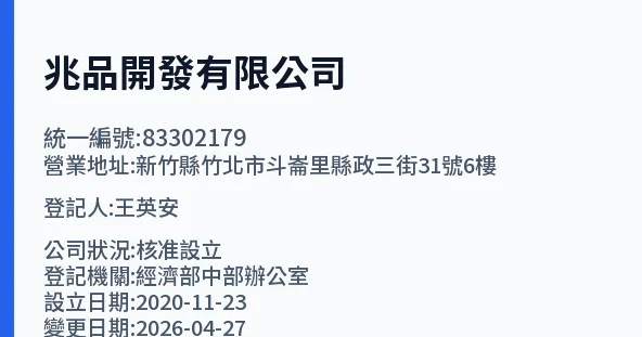 兆品開發有限公司的照片-統編 83302179(新竹縣) 公司登記資料與營業項目詳細圖表