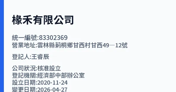 椽禾有限公司的照片-統編 83302369(雲林縣) 公司登記資料與營業項目詳細圖表