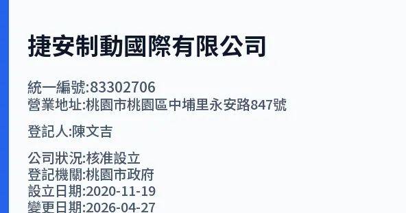 捷安制動國際有限公司的照片-統編 83302706(桃園市) 公司登記資料與營業項目詳細圖表