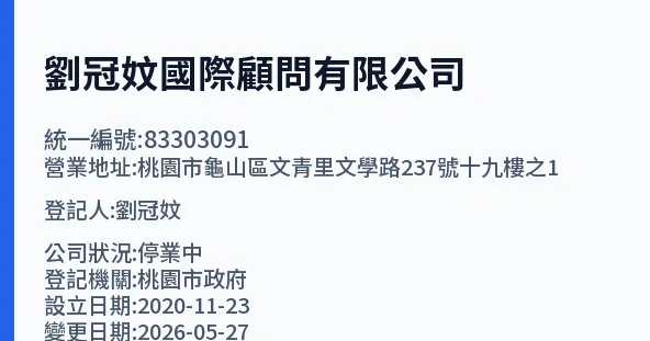 劉冠妏國際顧問有限公司的照片-統編 83303091(桃園市) 公司登記資料與營業項目詳細圖表