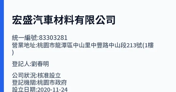 宏盛汽車材料有限公司的照片-統編 83303281(桃園市) 公司登記資料與營業項目詳細圖表
