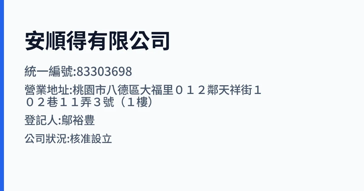 安順得有限公司 - 統編 83303698(桃園市) 公司登記資料與營業項目詳細圖表