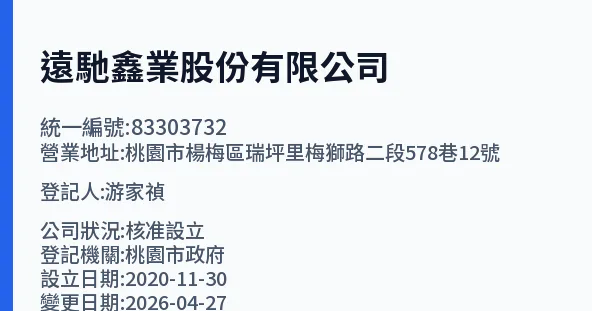 遠馳鑫業股份有限公司的照片-統編 83303732(桃園市) 公司登記資料與營業項目詳細圖表