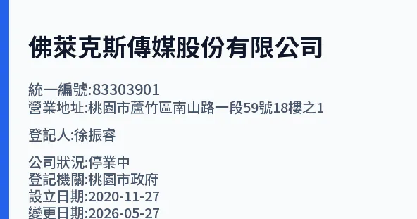 佛萊克斯傳媒股份有限公司的照片-統編 83303901(桃園市) 公司登記資料與營業項目詳細圖表