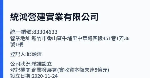 統鴻營建實業有限公司的照片-統編 83304633(新竹市) 公司登記資料與營業項目詳細圖表