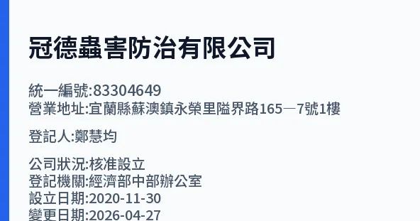 冠德蟲害防治有限公司的照片-統編 83304649(宜蘭縣) 公司登記資料與營業項目詳細圖表