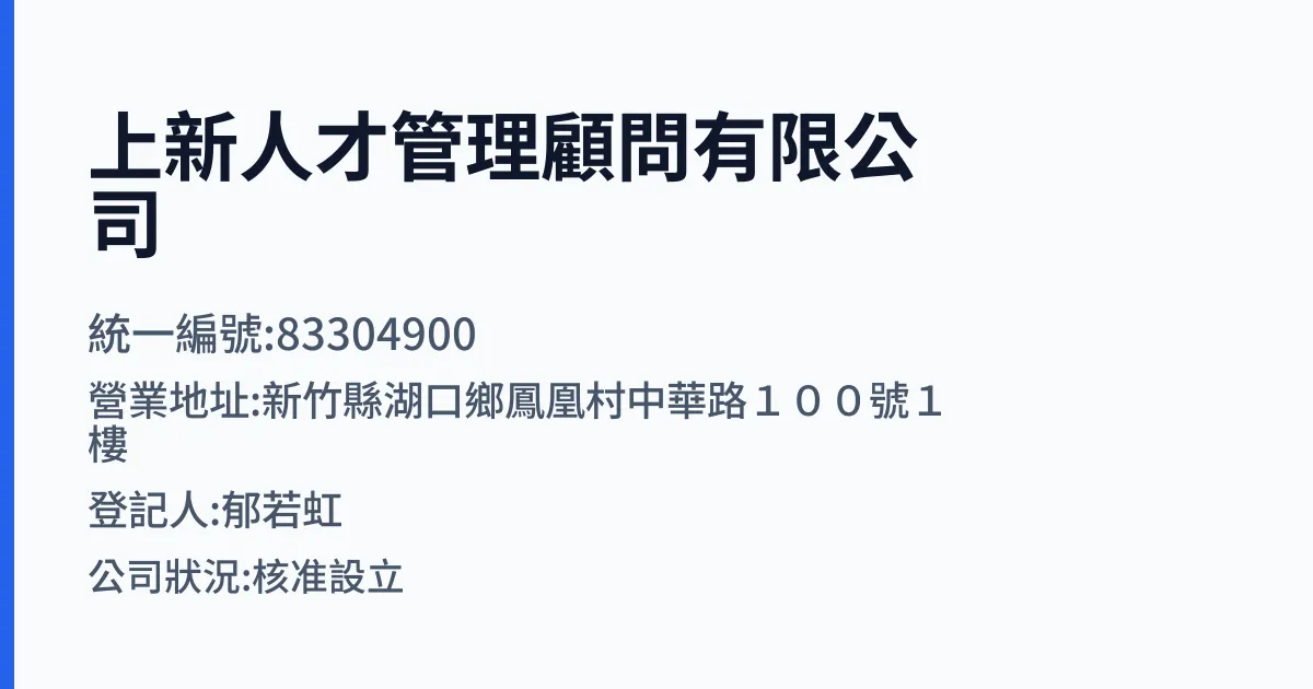 上新人才管理顧問有限公司 - 統編 83304900(新竹縣) 公司登記資料與營業項目詳細圖表