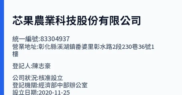 芯果農業科技股份有限公司的照片-統編 83304937(彰化縣) 公司登記資料與營業項目詳細圖表