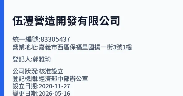 伍灃營造開發有限公司的照片-統編 83305437(嘉義市) 公司登記資料與營業項目詳細圖表