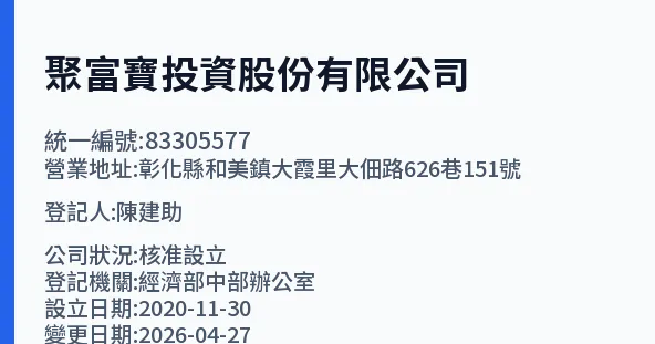 聚富寶投資股份有限公司的照片-統編 83305577(彰化縣) 公司登記資料與營業項目詳細圖表