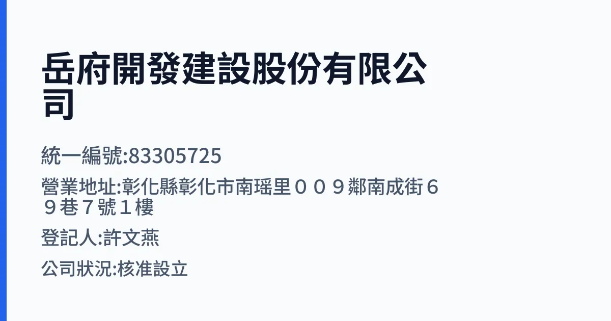 岳府開發建設股份有限公司 - 統編 83305725(彰化縣) 公司登記資料與營業項目詳細圖表