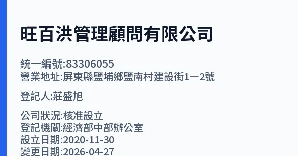 旺百洪管理顧問有限公司的照片-統編 83306055(屏東縣) 公司登記資料與營業項目詳細圖表