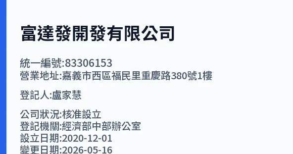 富達發開發有限公司的照片-統編 83306153(嘉義市) 公司登記資料與營業項目詳細圖表