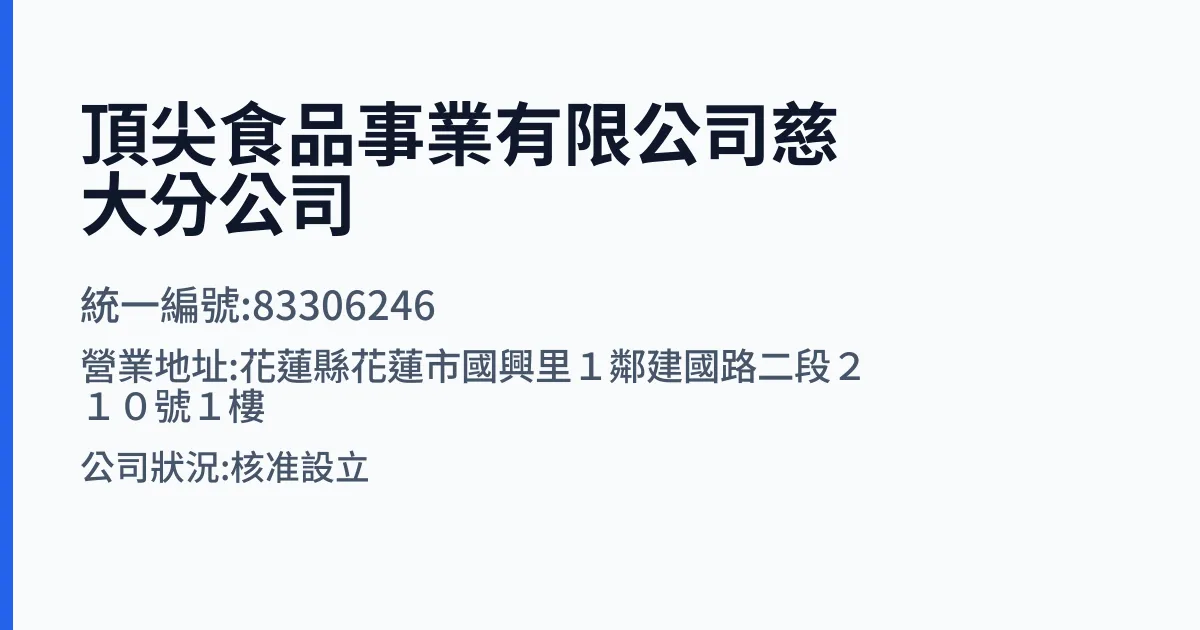 頂尖食品事業有限公司慈大分公司 - 統編 83306246(花蓮縣) 公司登記資料與營業項目詳細圖表