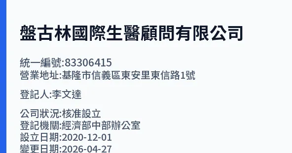 盤古林國際生醫顧問有限公司的照片-統編 83306415(基隆市) 公司登記資料與營業項目詳細圖表