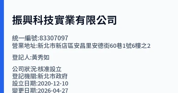 振興科技實業有限公司的照片-統編 83307097(新北市) 公司登記資料與營業項目詳細圖表