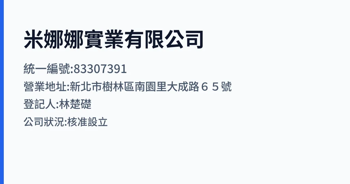 米娜娜實業有限公司 - 統編 83307391(新北市) 公司登記資料與營業項目詳細圖表