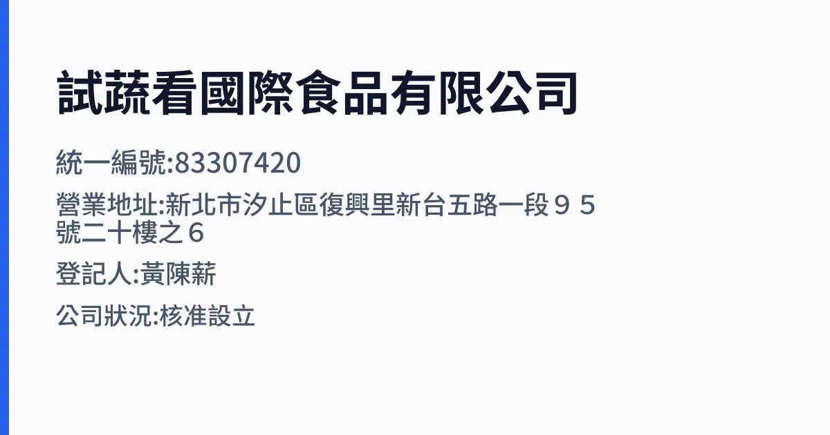 試蔬看國際食品有限公司 - 統編 83307420(新北市) 公司登記資料與營業項目詳細圖表