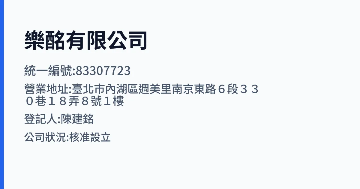 樂酩有限公司 - 統編 83307723(新北市) 公司登記資料與營業項目詳細圖表