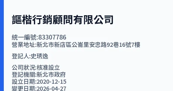謳楷行銷顧問有限公司的照片-統編 83307786(新北市) 公司登記資料與營業項目詳細圖表