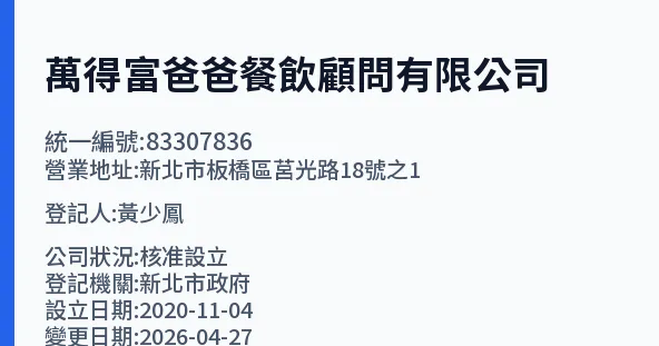 萬得富爸爸餐飲顧問有限公司的照片-統編 83307836(新北市) 公司登記資料與營業項目詳細圖表
