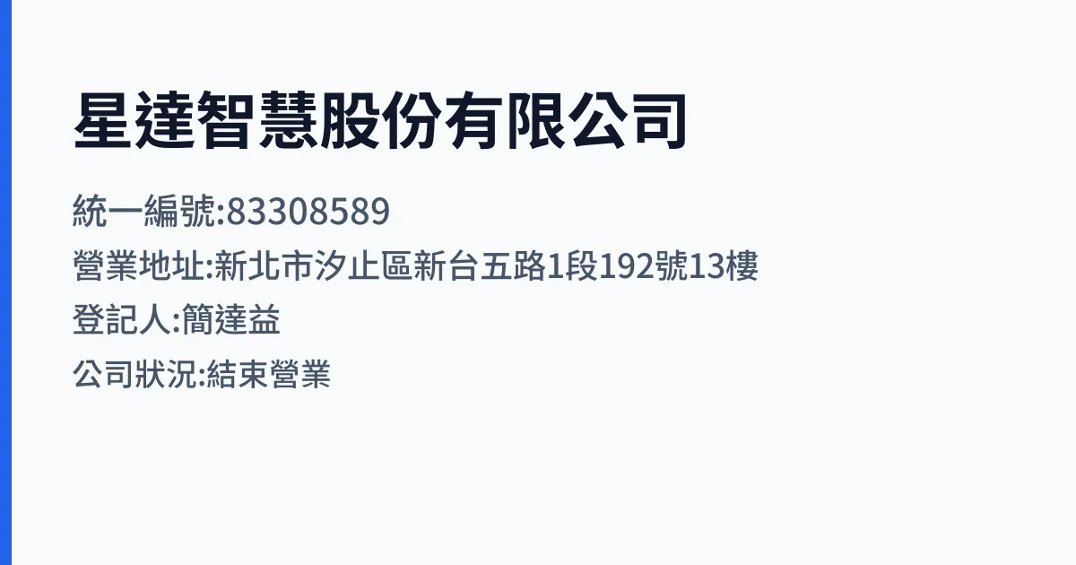 星達智慧股份有限公司 - 統編 83308589(新北市) 公司登記資料與營業項目詳細圖表
