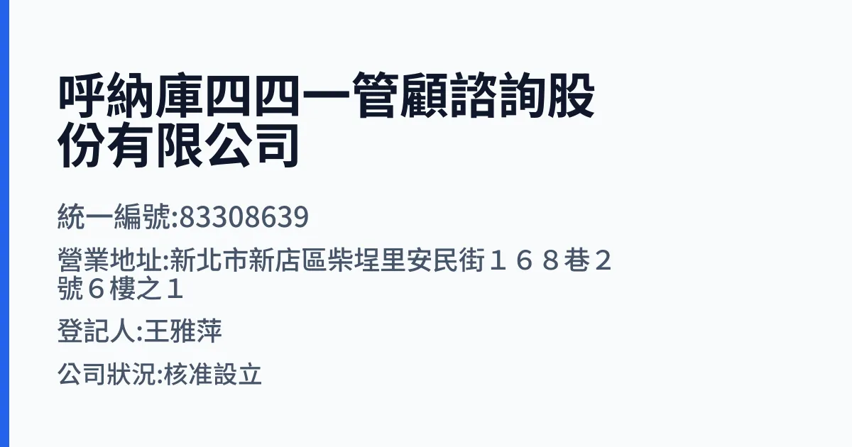 呼納庫四四一管顧諮詢股份有限公司 - 統編 83308639(新北市) 公司登記資料與營業項目詳細圖表