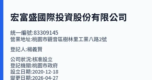 宏富盛國際投資股份有限公司的照片-統編 83309145(桃園市) 公司登記資料與營業項目詳細圖表