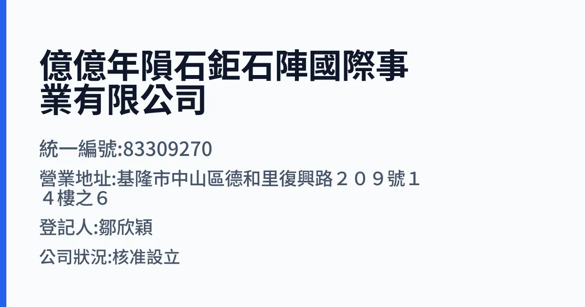 億億年隕石鉅石陣國際事業有限公司 - 統編 83309270(桃園市) 公司登記資料與營業項目詳細圖表