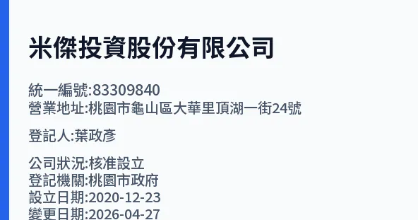 米傑投資股份有限公司的照片-統編 83309840(桃園市) 公司登記資料與營業項目詳細圖表
