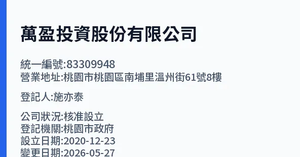 萬盈投資股份有限公司的照片-統編 83309948(桃園市) 公司登記資料與營業項目詳細圖表