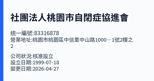 社團法人桃園市自閉症協進會的照片-統編 83316878(桃園市) 公司登記資料與營業項目詳細圖表