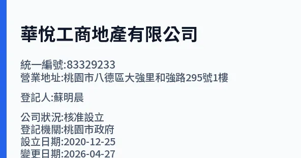 華悅工商地產有限公司的照片-統編 83329233(桃園市) 公司登記資料與營業項目詳細圖表