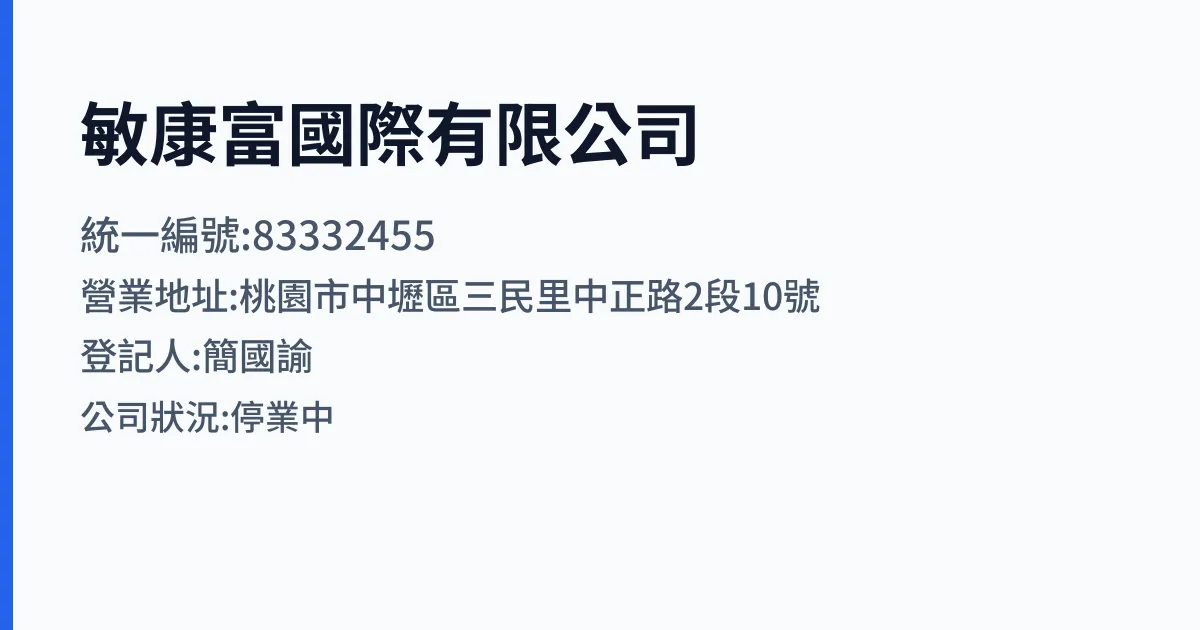 敏康富國際有限公司 - 統編 83332455(桃園市) 公司登記資料與營業項目詳細圖表