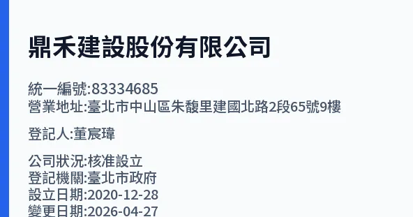 鼎禾建設股份有限公司的照片-統編 83334685(臺北市) 公司登記資料與營業項目詳細圖表