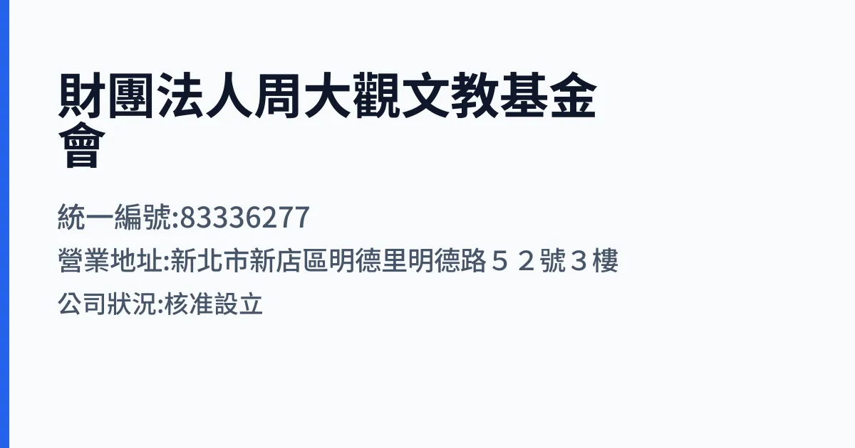 財團法人周大觀文教基金會 - 統編 83336277(新北市) 公司登記資料與營業項目詳細圖表