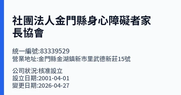 社團法人金門縣身心障礙者家長協會的照片-統編 83339529(金門縣) 公司登記資料與營業項目詳細圖表