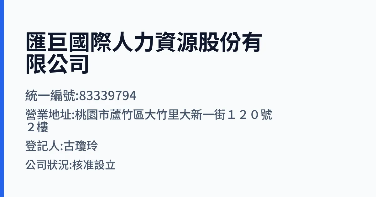 匯巨國際人力資源股份有限公司 - 統編 83339794(桃園市) 公司登記資料與營業項目詳細圖表